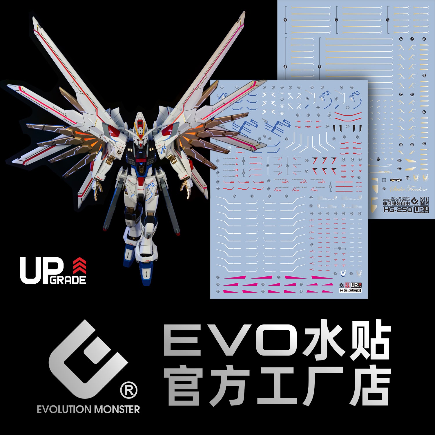 EVO Decal - HG 1/144 Mighty Strike Freedom Gundam - Fluorescent + Gold ...